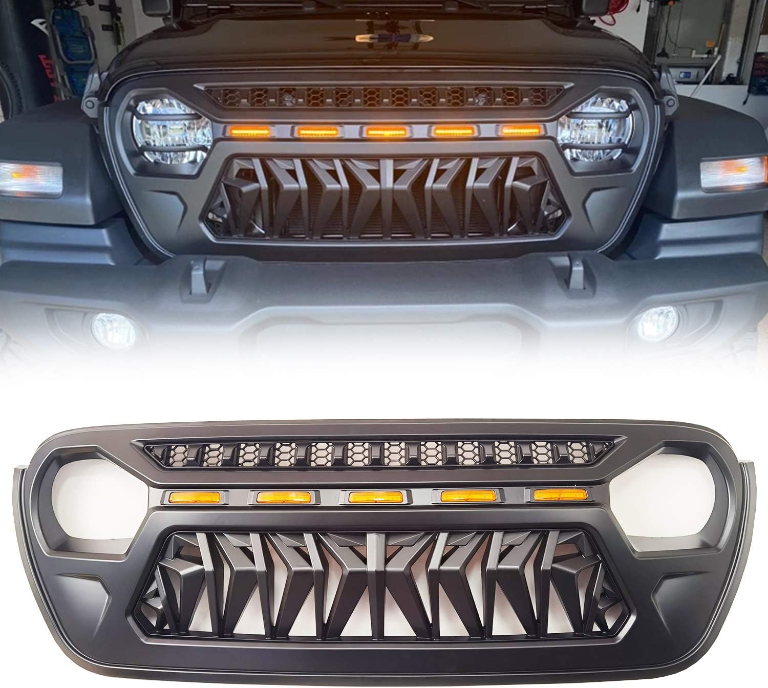 Mesh Grille Front Grill Cover Matte Black with Amber LED Running Light ...